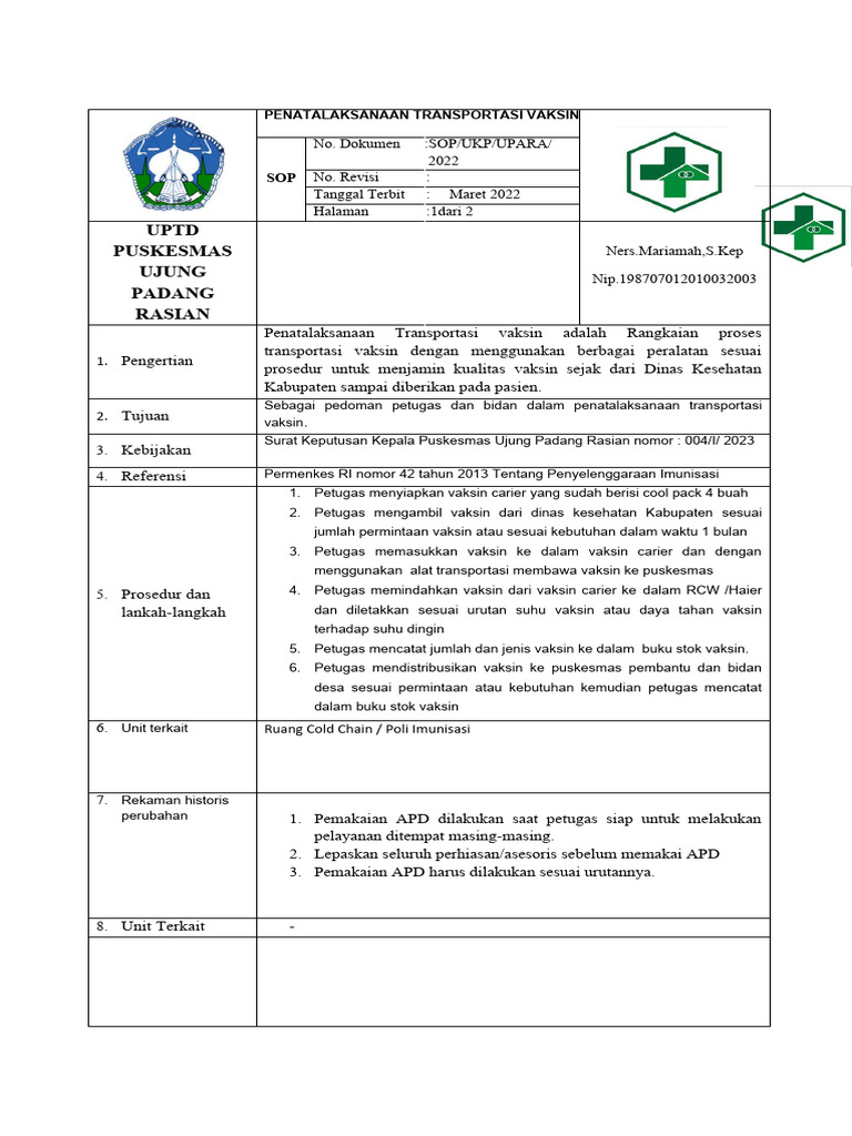 Prosedur Transportasi Vaksin Puskesmas | PDF | Pengembangan Diri ...