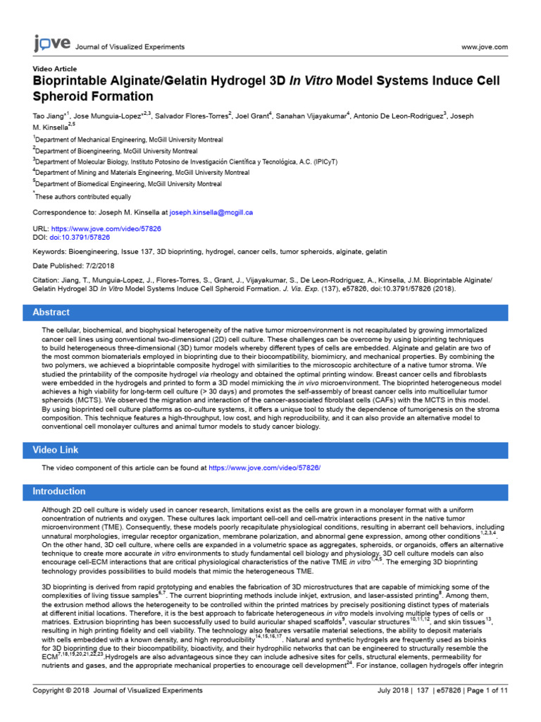 PROTOCOL Bioprintable Alginate - Gelatin Hydrogel 3D in Vitro Model ...