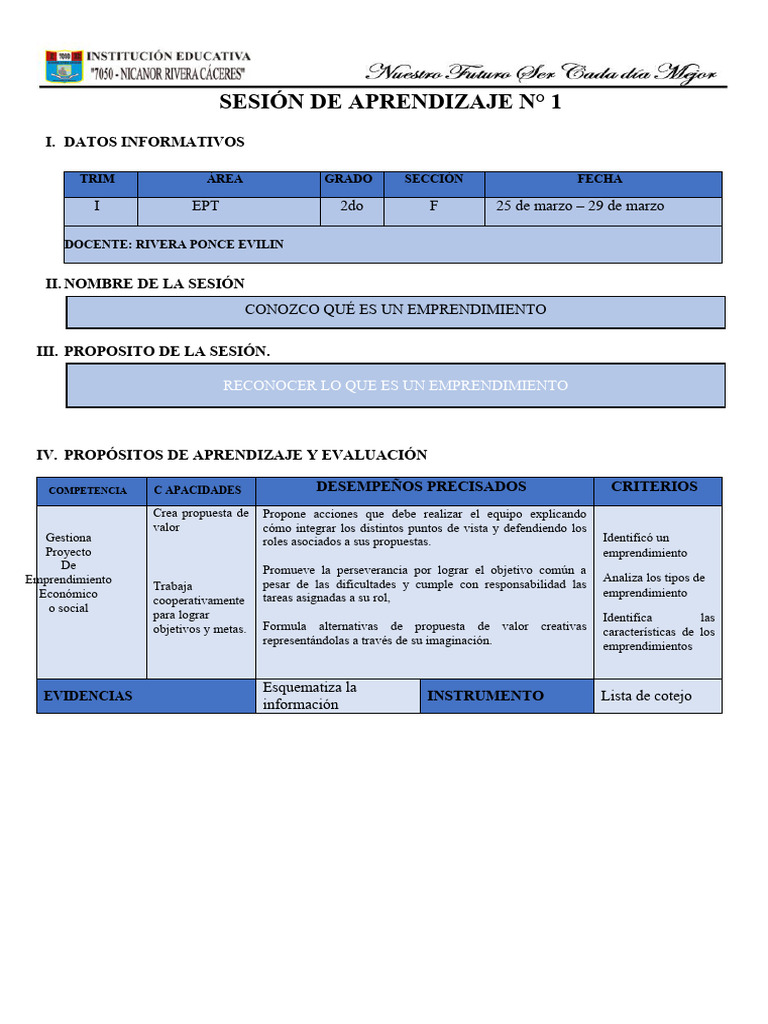 Sesión 1 Emprendimiento - 2do | PDF | Evaluación | Maestros