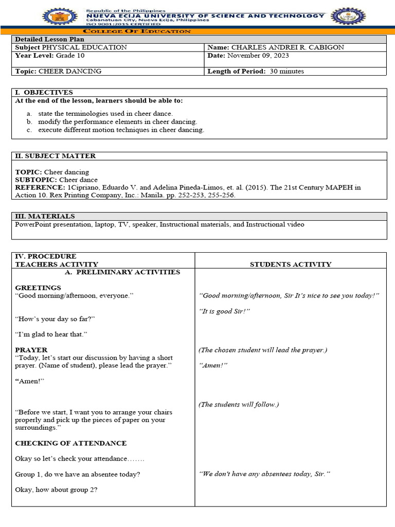 Detailed Lesson Plan | Download Free PDF | Hand | Cheerleading