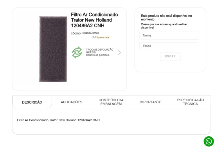 Filtro Ar Condicionado Trator New Holland 120486A2 CNH - Agrotrator | PDF