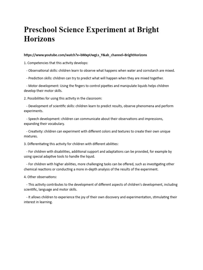 Preschool Science Experiment Benefits | PDF | Wellness | Science ...