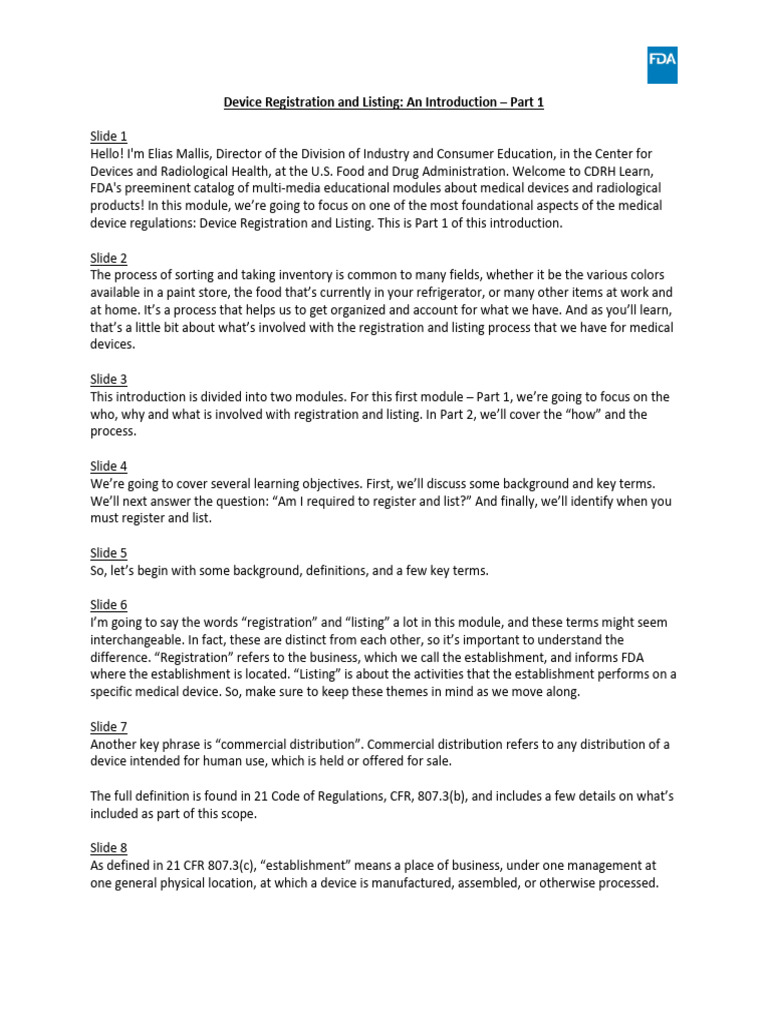 Device Registration and Listing Overview | PDF | Federal Food | Food ...
