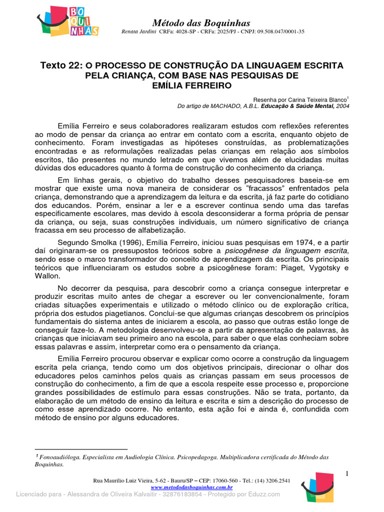 Resenha Ferreiro Psicogenese Da Lingua Escrita o Processo de Construcao Da Lingua Escrita 1 ...