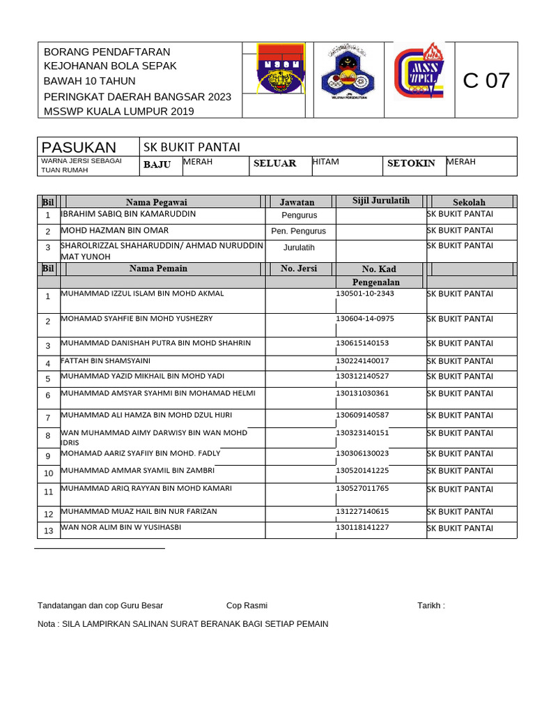 Borang Pendaftaran C07 U10 Daerah Bangsar 20223 | PDF