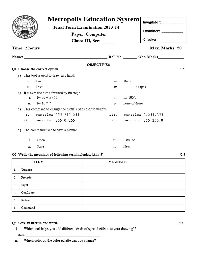 Class 3_ Computer_Final Term Exam_Miss ADIFA | PDF