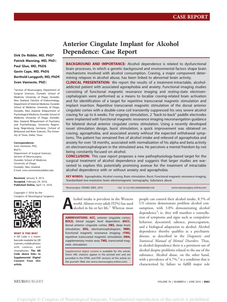 Anterior Cingulate Implant For Alcohol Dependence - Case Report | PDF ...