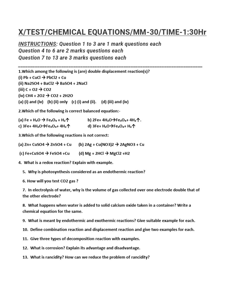X TEST CHEMICAL EQUATIONS MM-30 SET 2 | PDF