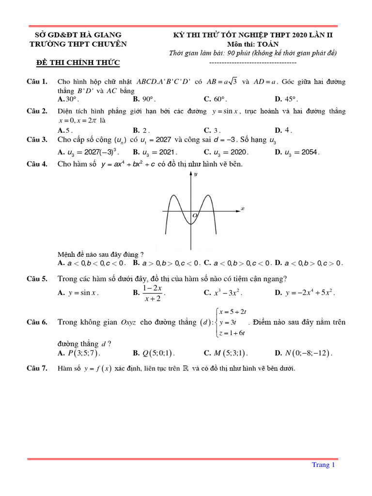 De Thi Thu Tot Nghiep THPT 2020 Mon Toan Lan 2 Truong THPT Chuyen Ha Giang | PDF
