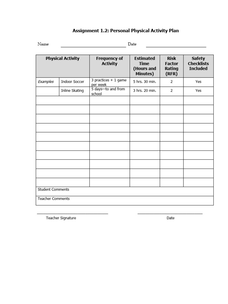 Assignment 1.2 - Personal Physical Activity Plan (2) | PDF