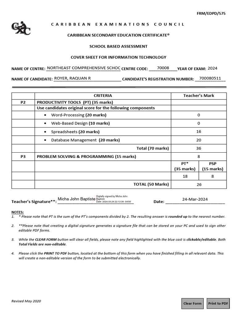 CSEC InfoTech CoverSheetForESBA Fillable May2020 | PDF | Information ...