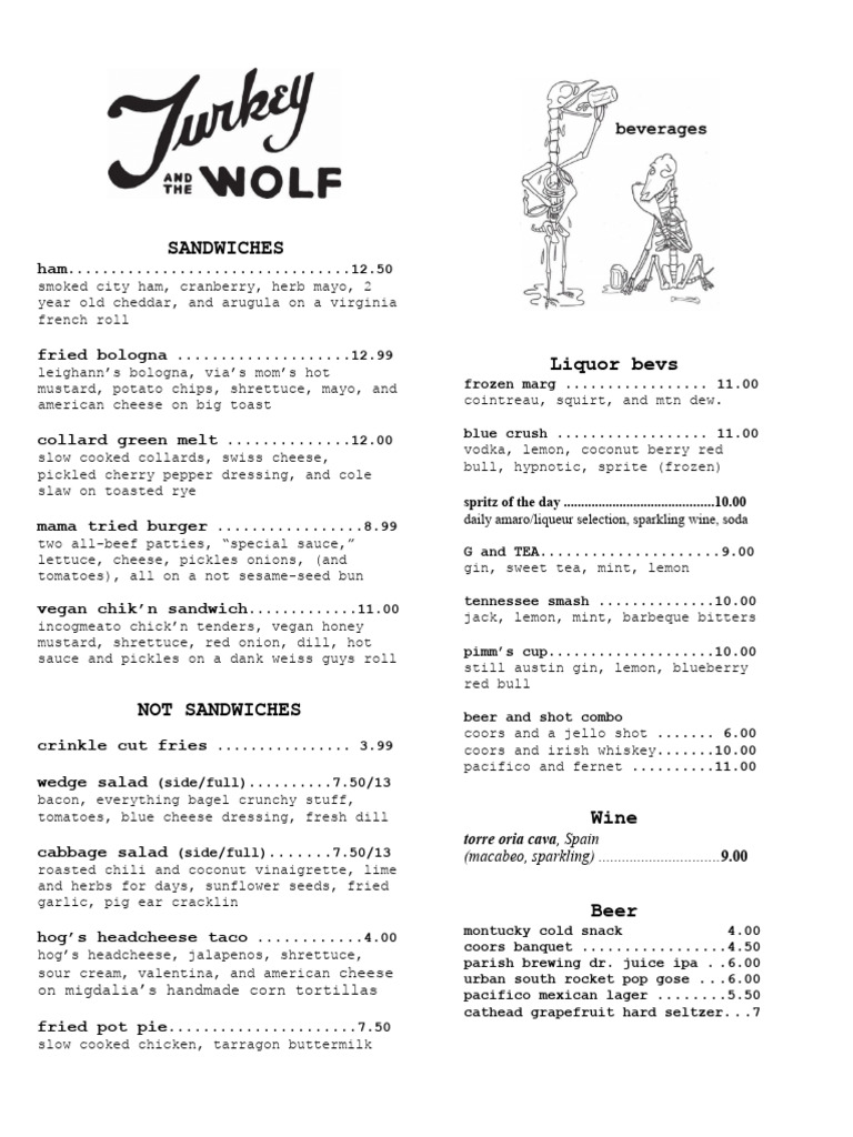 Turkey and The Wolf Menu | PDF | Coleslaw | Cooking