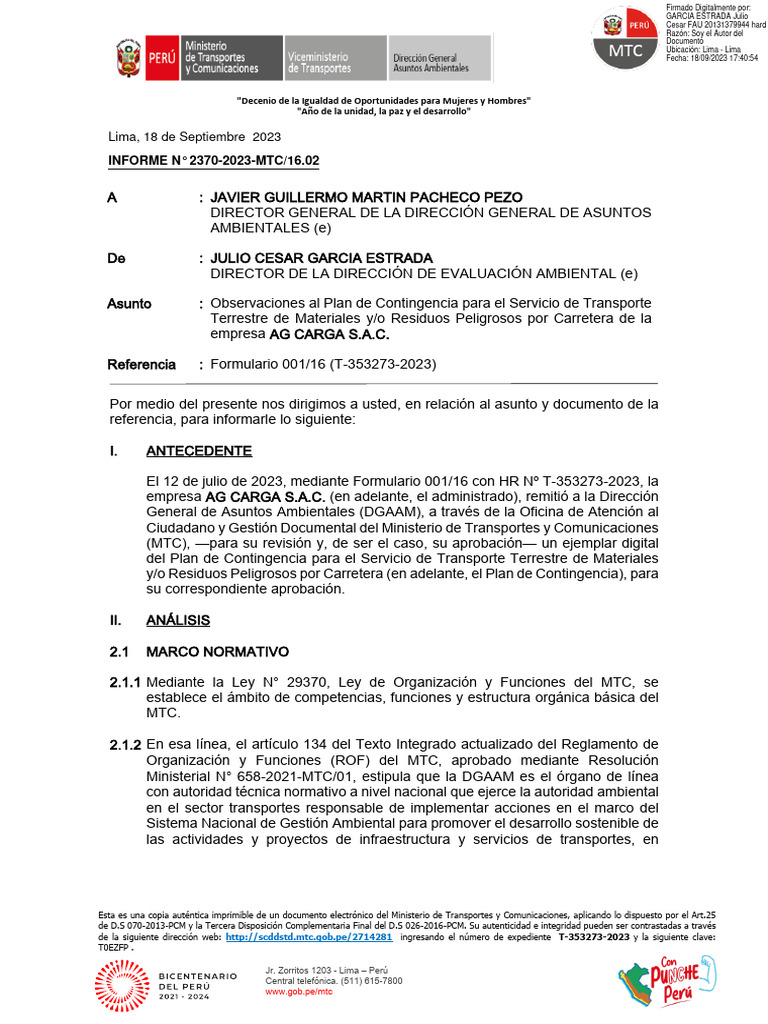 2370 2023 MTC 16.02 Informe | PDF | Residuos | Evaluación de impacto ...