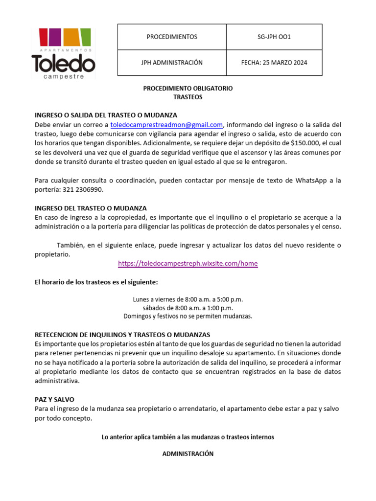 TC Procedimiento Trasteo o Mudanza | PDF