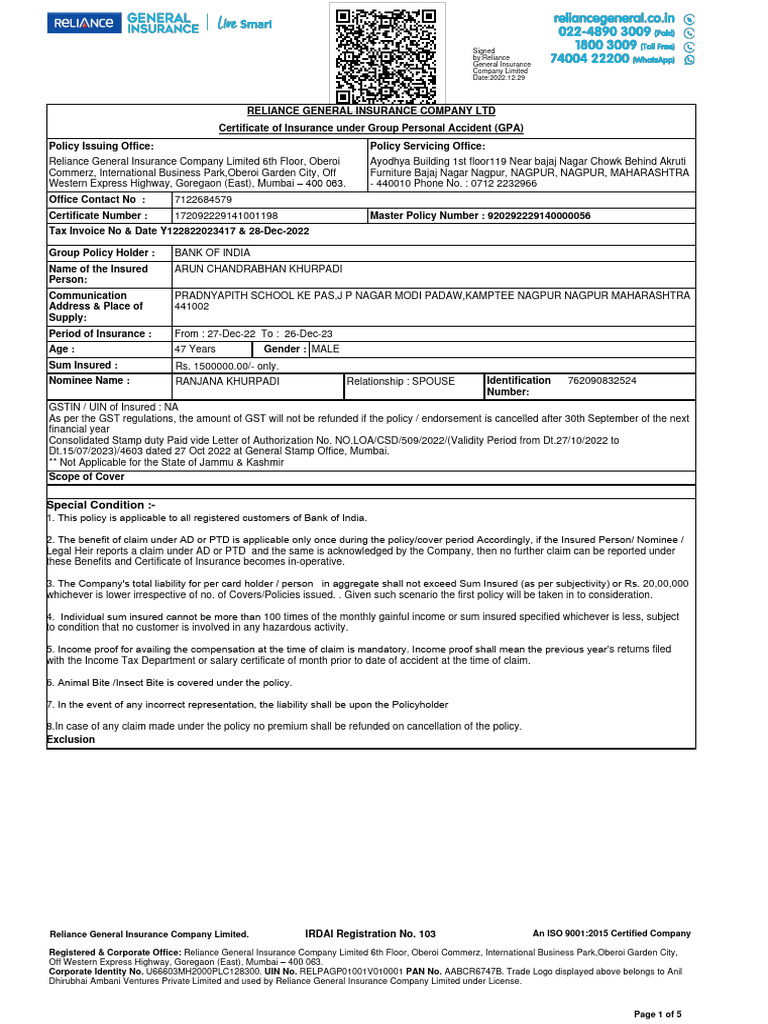 Reliance GPA Insurance Certificate | PDF | Insurance | Banks