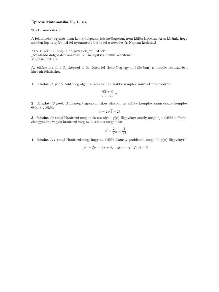 matek2_zh feladatok 2021, 2022 | PDF