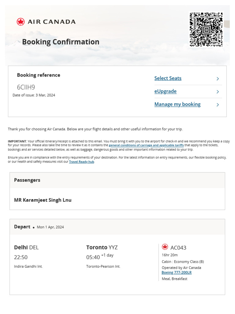 Air Canada - Booking Details | PDF | Aviation