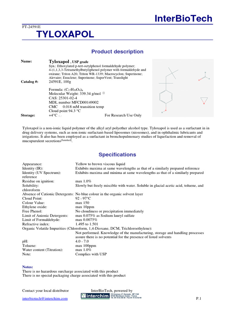 Tyloxapol: Research Use Specifications | PDF | Wellness | Science ...