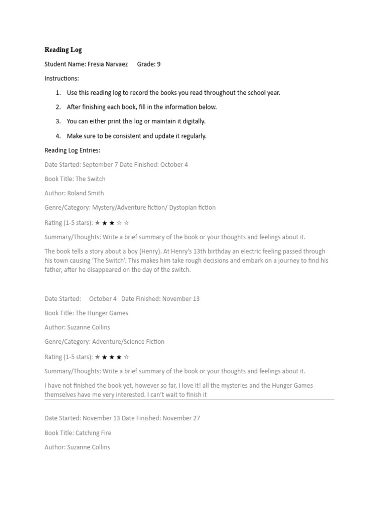 Reading Log Entries | PDF | The Hunger Games