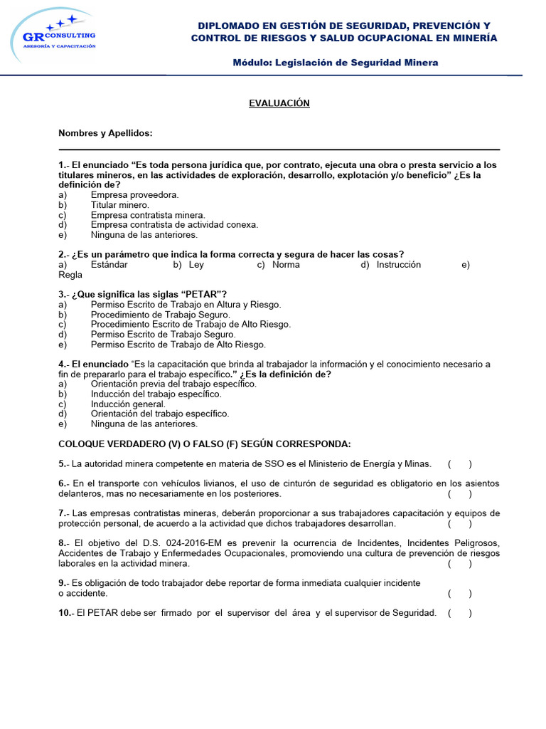 Evaluación-Legislación de Seguridad Minera | PDF | Minería | Valores