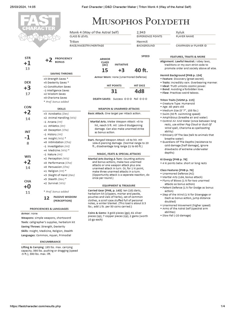 Fast Character - D&D Character Maker - Triton Monk 4 (Way of The Astral ...