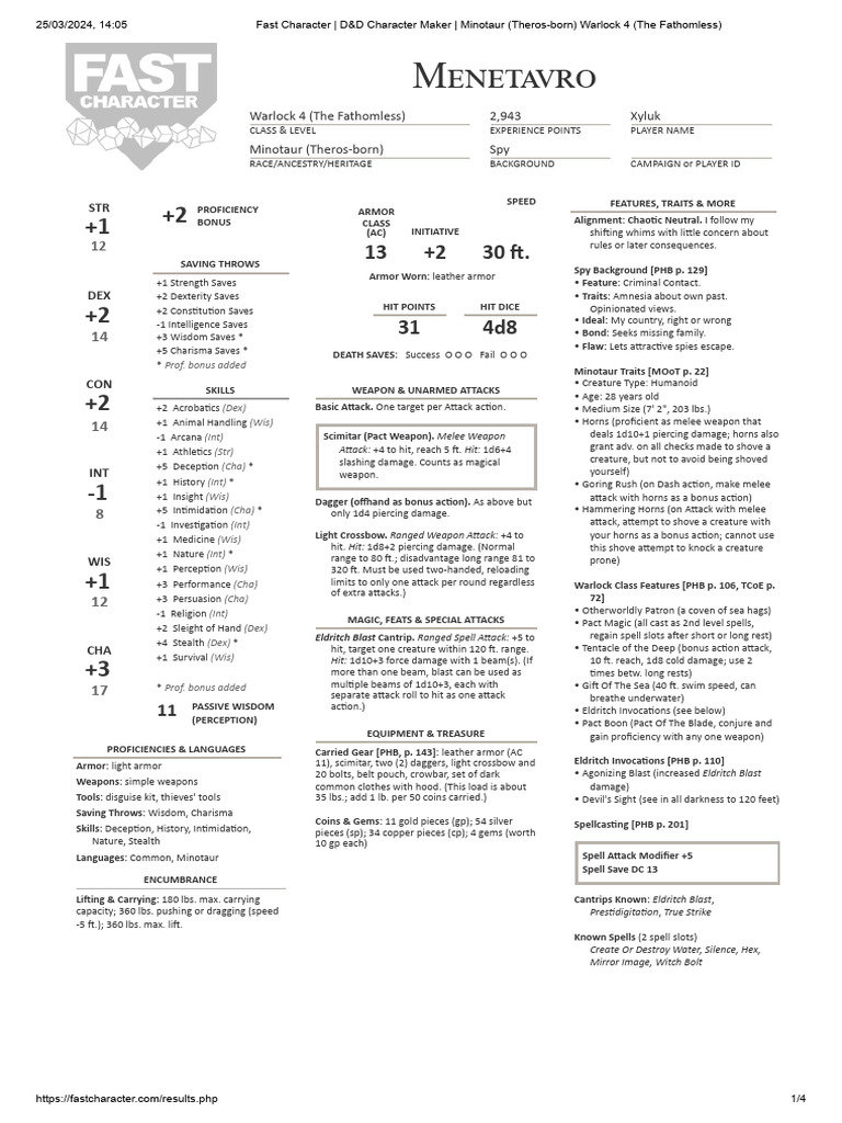 Fast Character - D&D Character Maker - Minotaur (Theros-Born) Warlock 4 ...