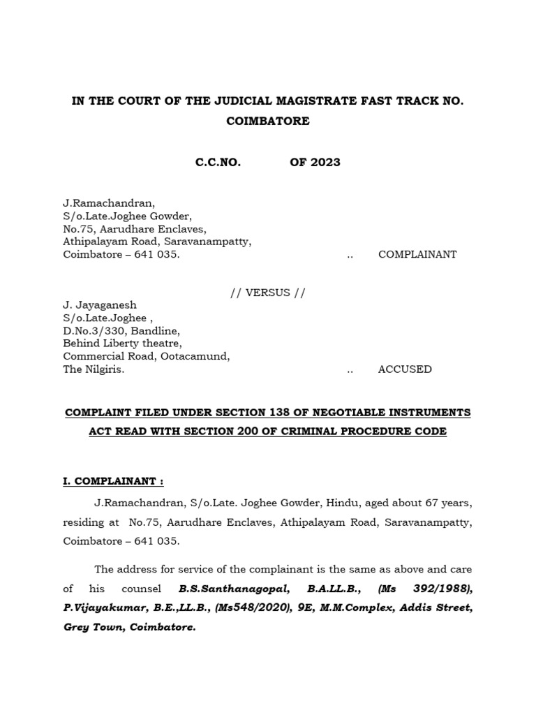 Complaint Under Section 138 NI Act | PDF | Cheque | Loans