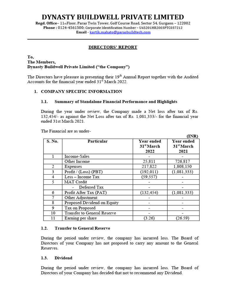 Directors Report 2022 - Dynasty Buildwell | PDF | Financial Audit | Audit
