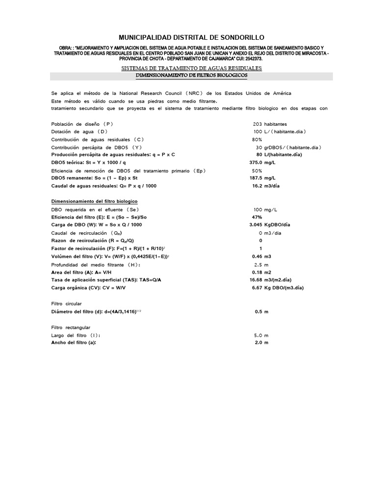 Anexo N°05 Calculo Filtro Biologico - S | PDF | Aguas residuales | Tratamiento de aguas residuales