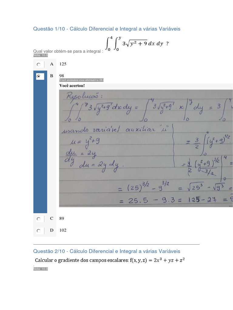 Apol 2 CÁLCULO DIFERENCIAL E INTEGRAL A VÁRIAS VARIÁVEIS-Uninter | PDF | Cálculo | Matemática ...