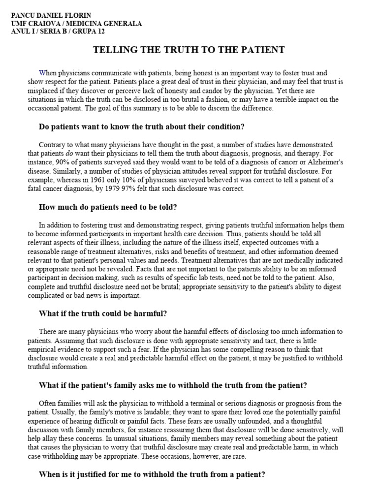 Truth-Telling in Patient Care Ethics | PDF | Placebo | Medical Diagnosis