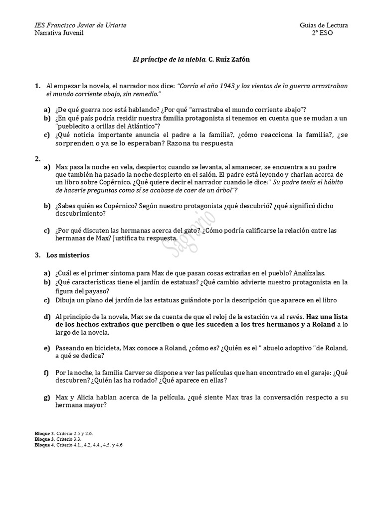 Guía de Lectura: El Príncipe de la Niebla | PDF | Libros para adolescentes