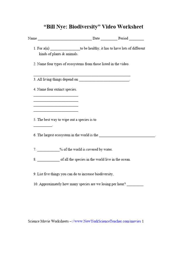 Bill Nye's Biodiversity Worksheet | PDF
