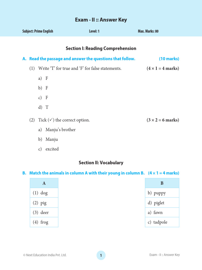 Grade 1 - Exam-2 - Answerkey | PDF
