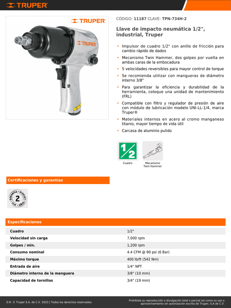 Llave de Impacto Neumática 1/2", Industrial, Truper: CÓDIGO: 11187 ...