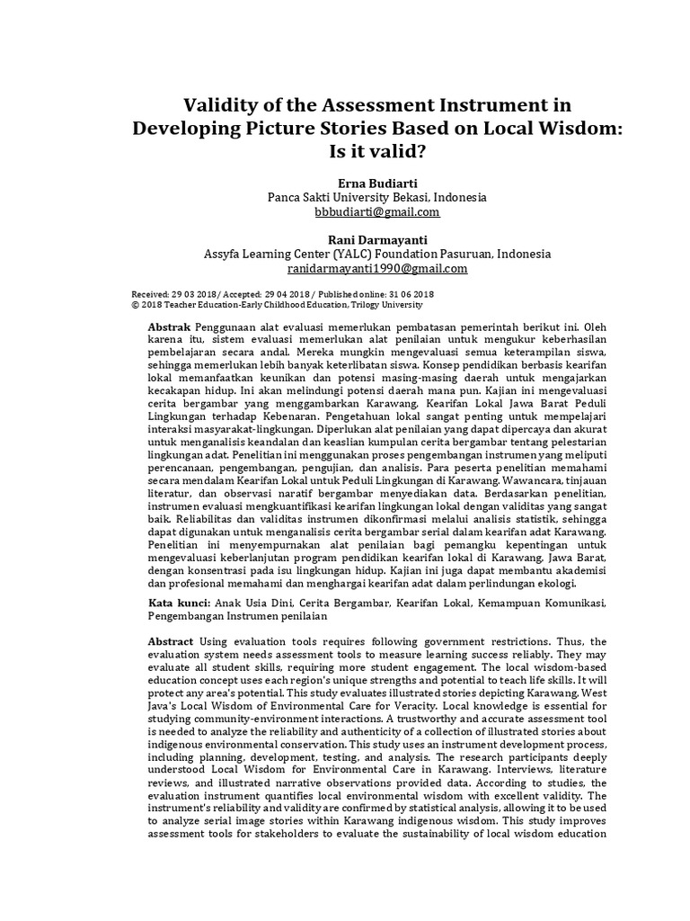 Validity of The Assessment Instrument in Developing Picture Stories Based On Local Wisdom: Is It ...