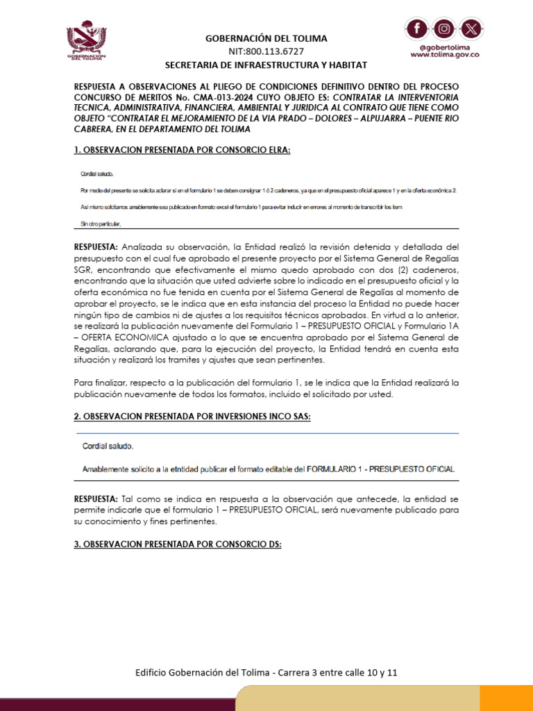 Respuesta A Observaciones Pliego Definitivo Cma-013-2024 | PDF ...