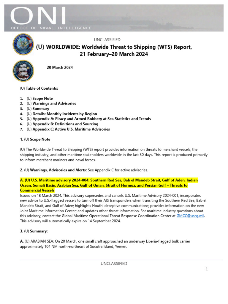 U.S. Navy Office of Naval Intelligence Worldwide Threat To Shipping ...