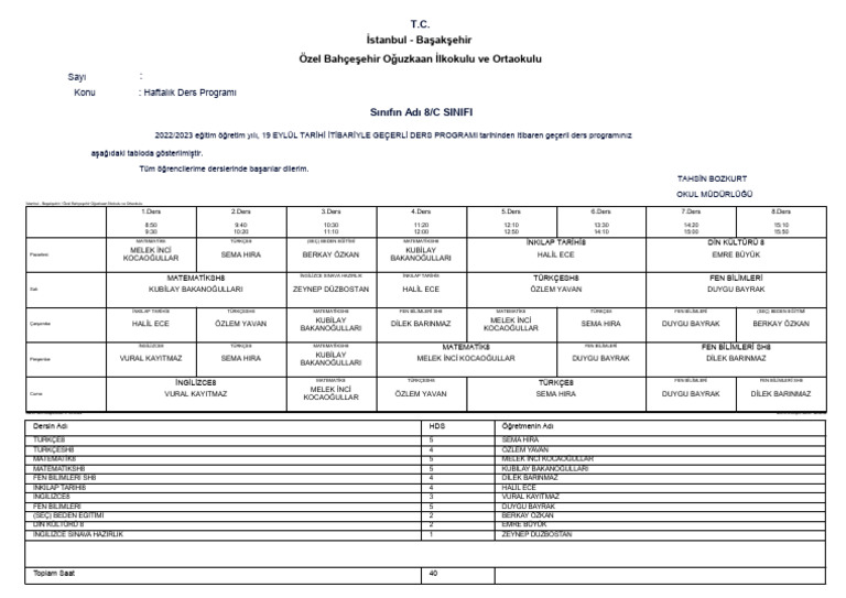 19 Eylül Tari̇hli̇ 8-C Sinifi Ders Programi (1) - 3 | PDF