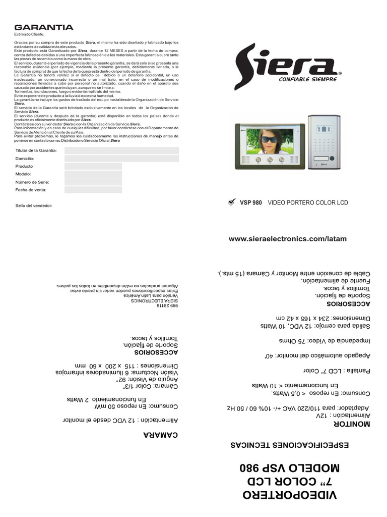 Garantía y Especificaciones VSP 980 | PDF | Tornillo