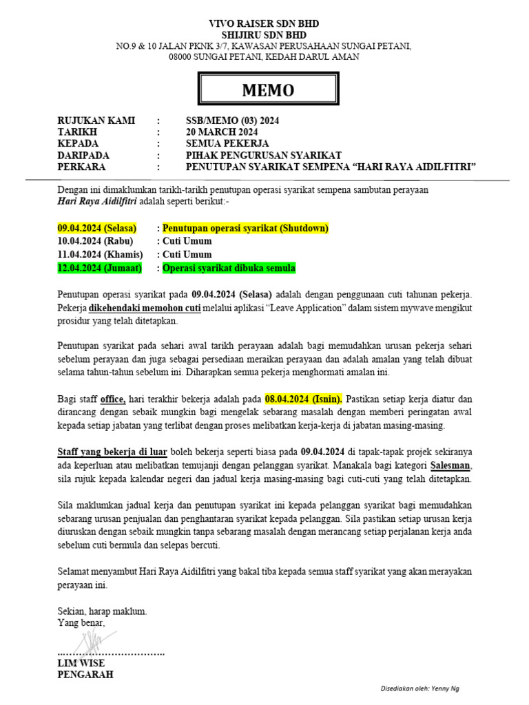 Memo - Shutdown Raya 2024 | PDF