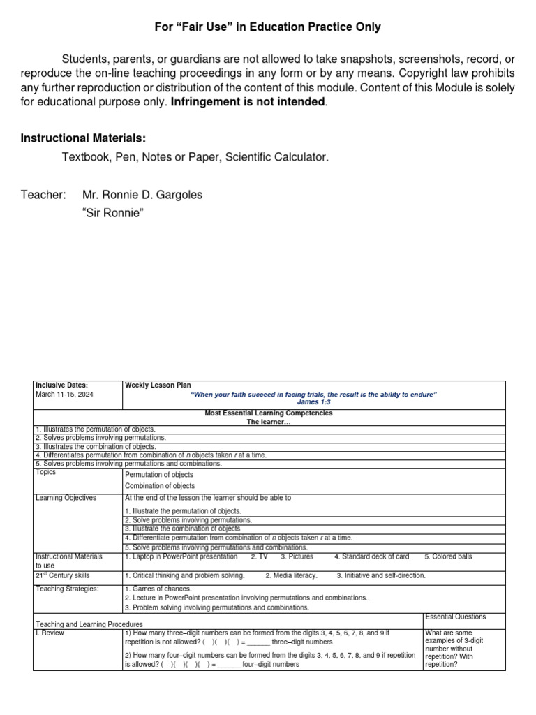 4th+Quarter+Math+10 7+ (Permutations+and+Combinations) | PDF | Learning ...