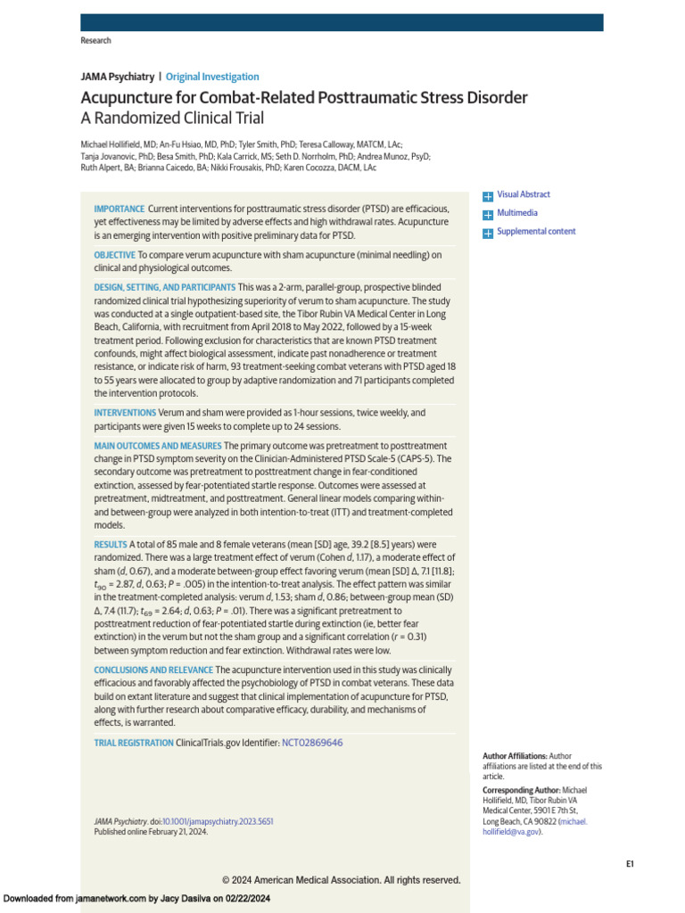 Acupuncture For Combat-Related Posttraumatic Stress Disorder JAMA Feb ...