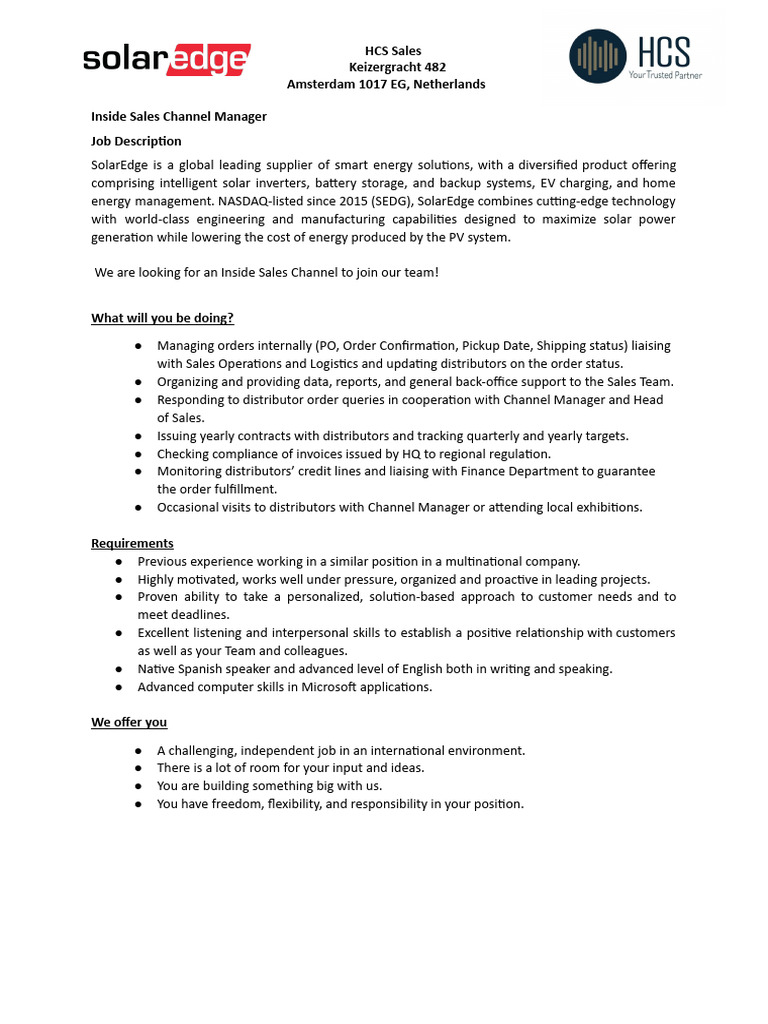 Inside Sales Channel Manager - JD - Solaredge | PDF