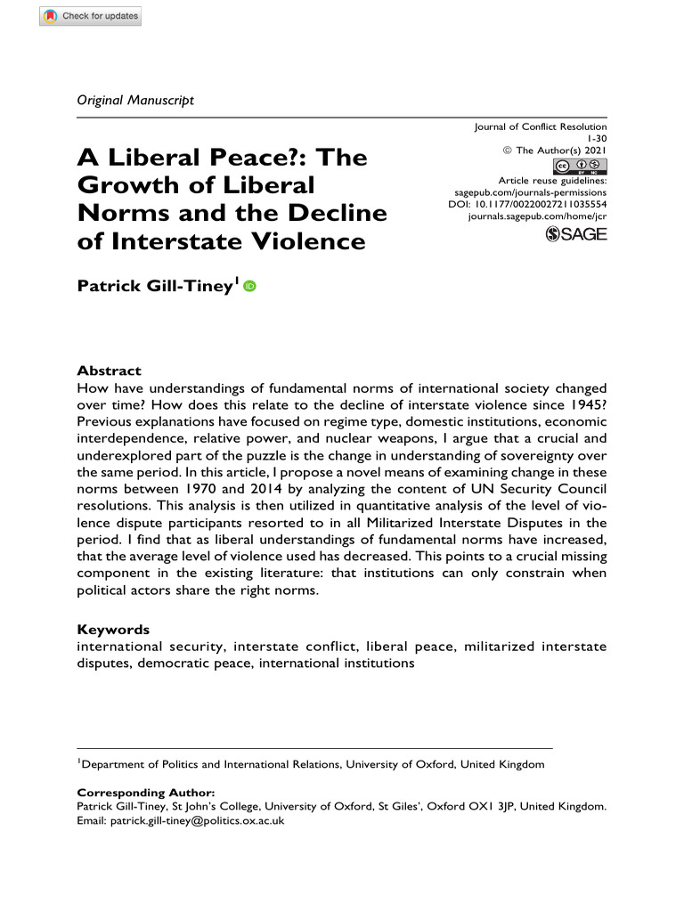 A Liberal Peace The Growth of Liberal Norms and The Decline of ...