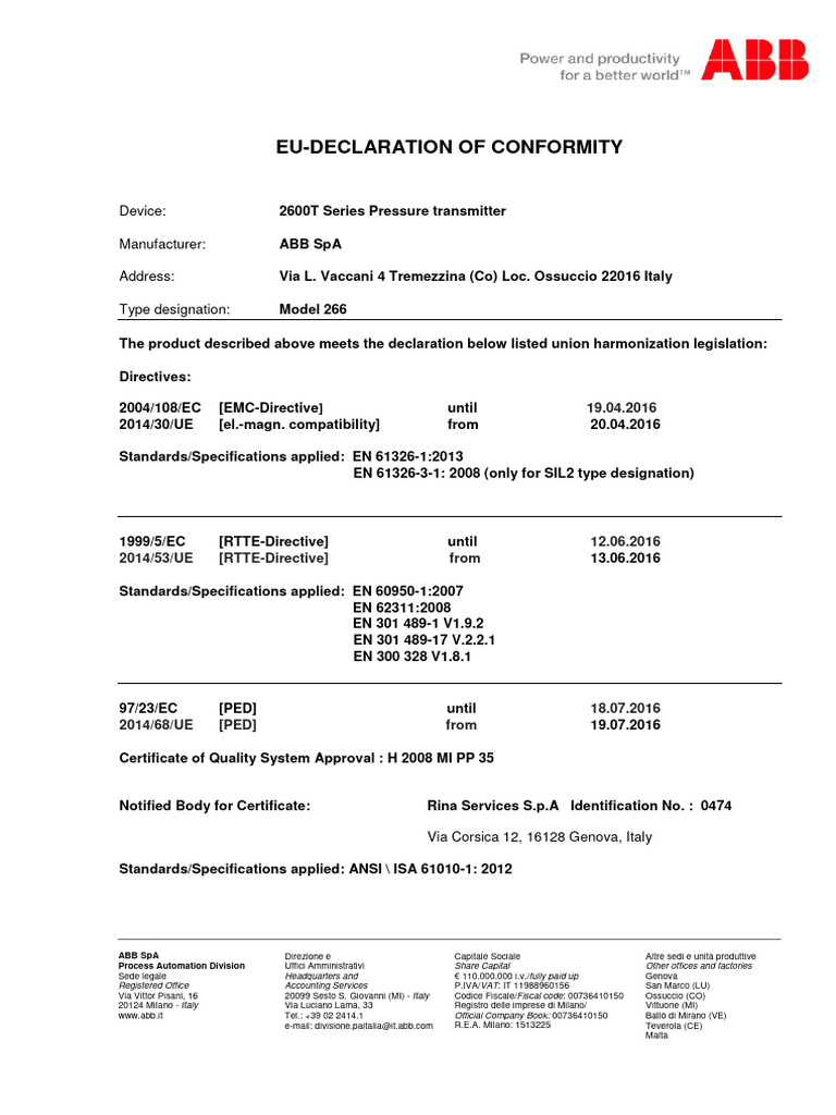 ABB 266 Pressure Transmitter Compliance | PDF | Production And ...