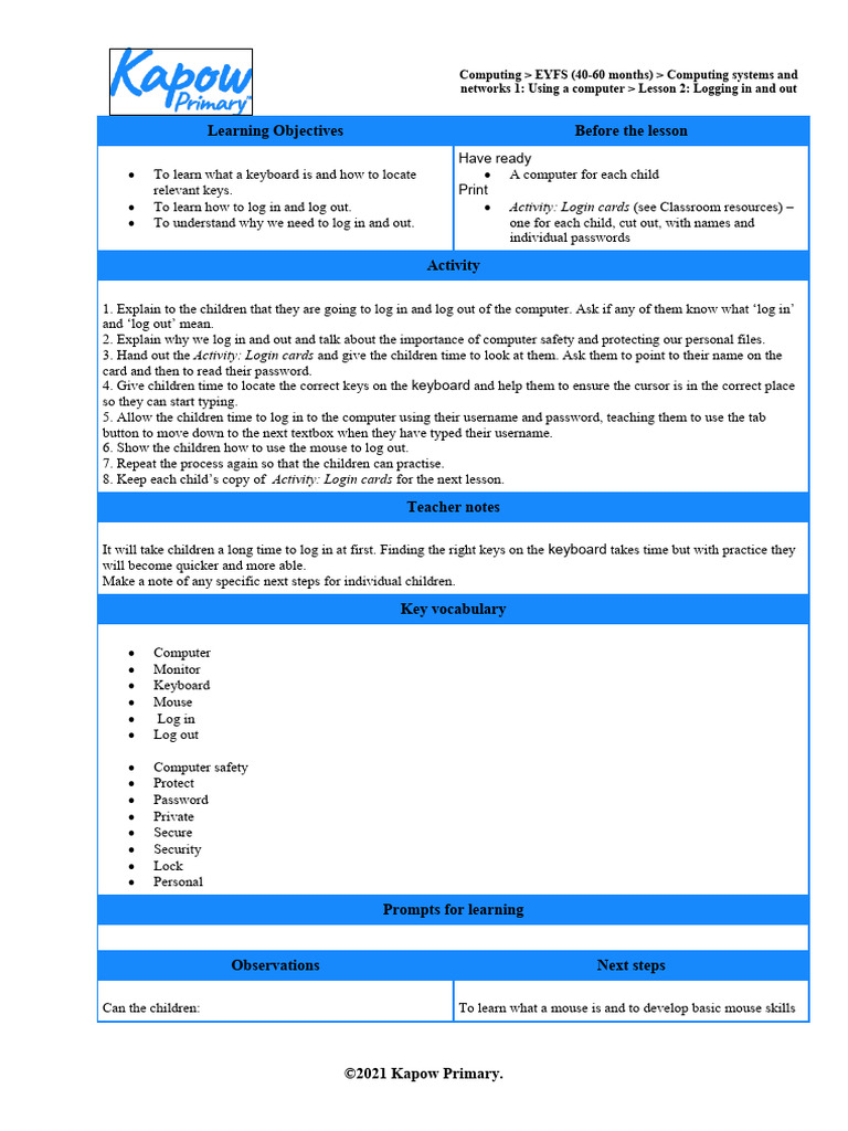Lesson 2 - Logging in and Out | Download Free PDF | Login | Computer Keyboard