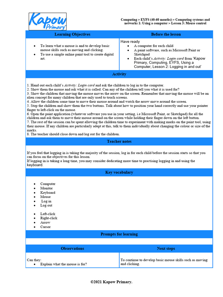 Lesson 3 - Mouse Control | PDF | Computer Keyboard | Cursor (User Interface)