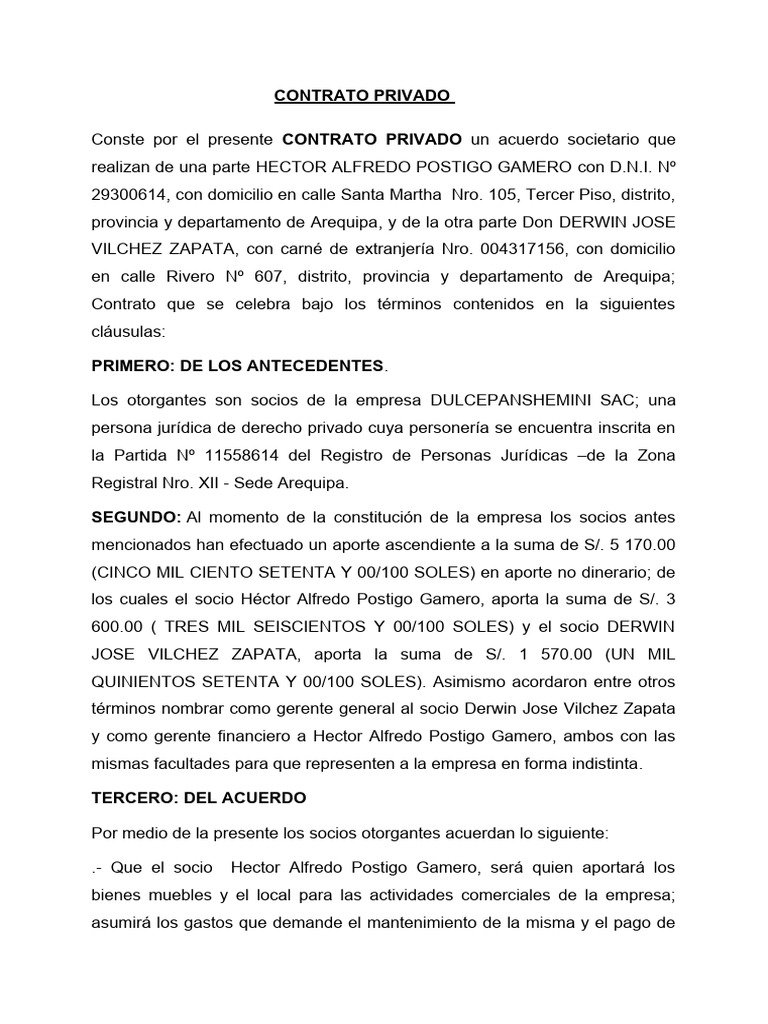 Acuerdo DR Postigo - Dulcepanshemini | PDF | Business | Economias