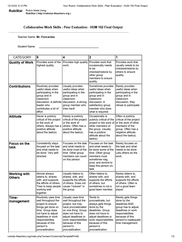 Peer Evaluation Rubric - HUM 102 Final Output-1 - 979302670 | PDF ...